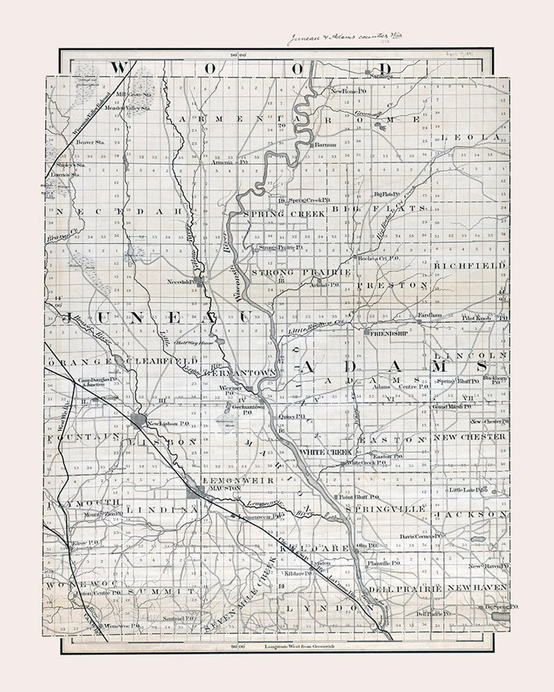 1880 Map of Juneau and Adams County Wisconsin - Etsy