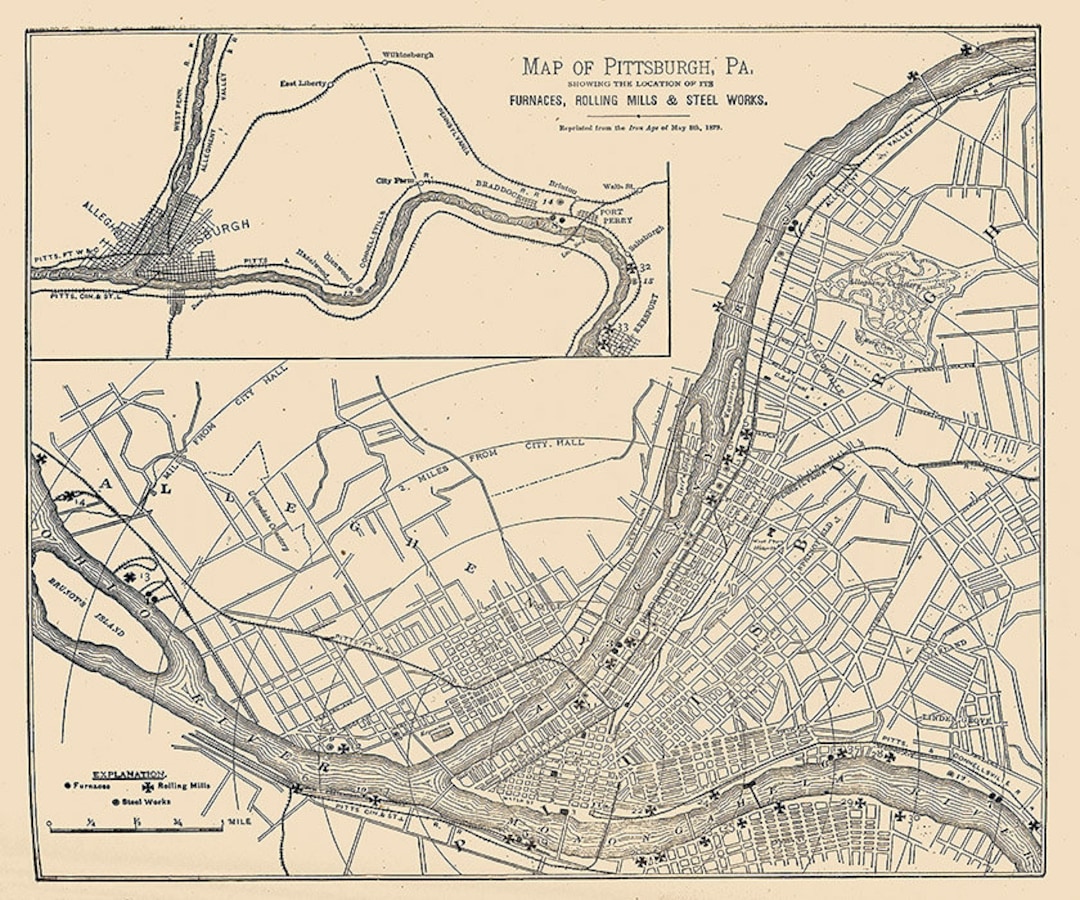 1879 Map of Pittsburgh Pennsylvania Furnaces Mills Steel Works - Etsy
