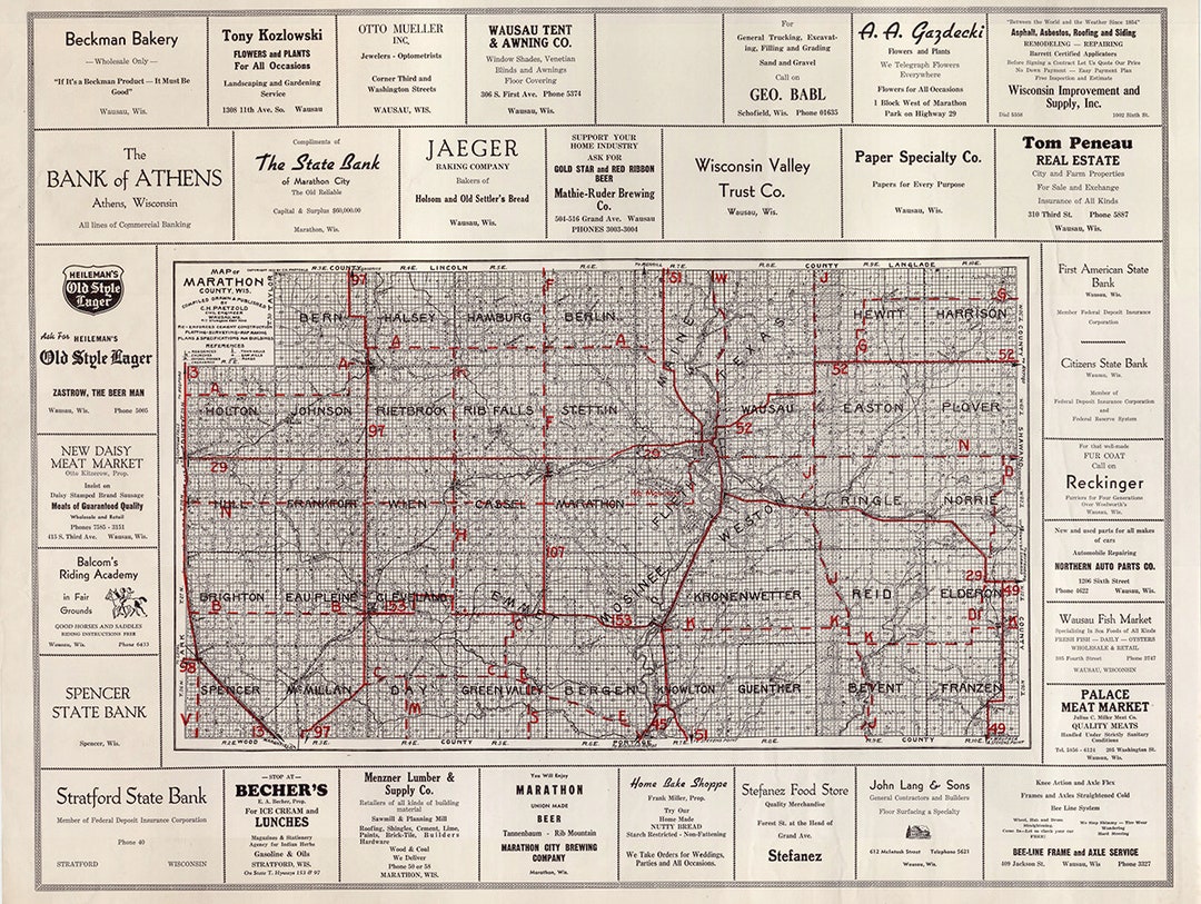 1926 Farm Line Map of Marathon County Wisconsin - Etsy