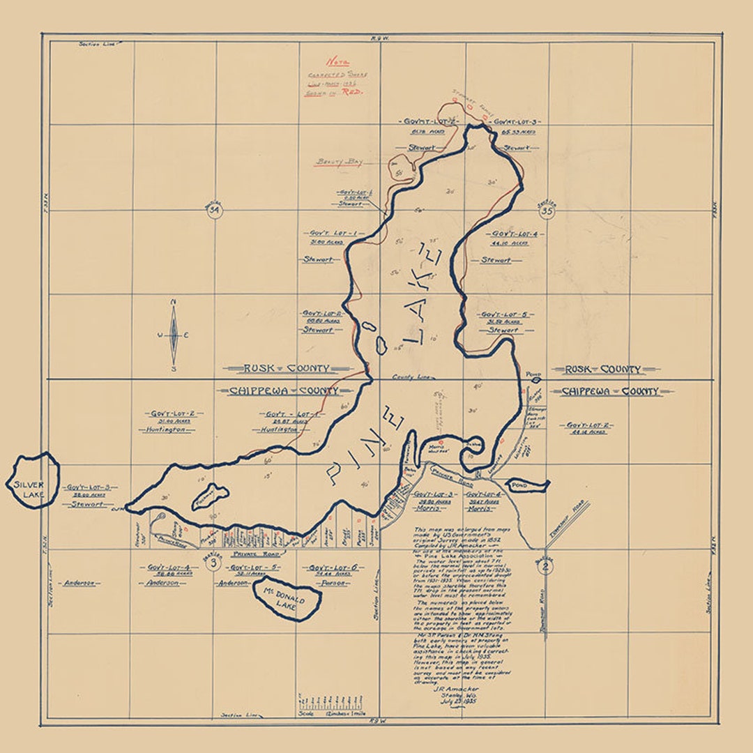 1935 Map of Pine Lake Chippewa and Rusk County Wisconsin - Etsy