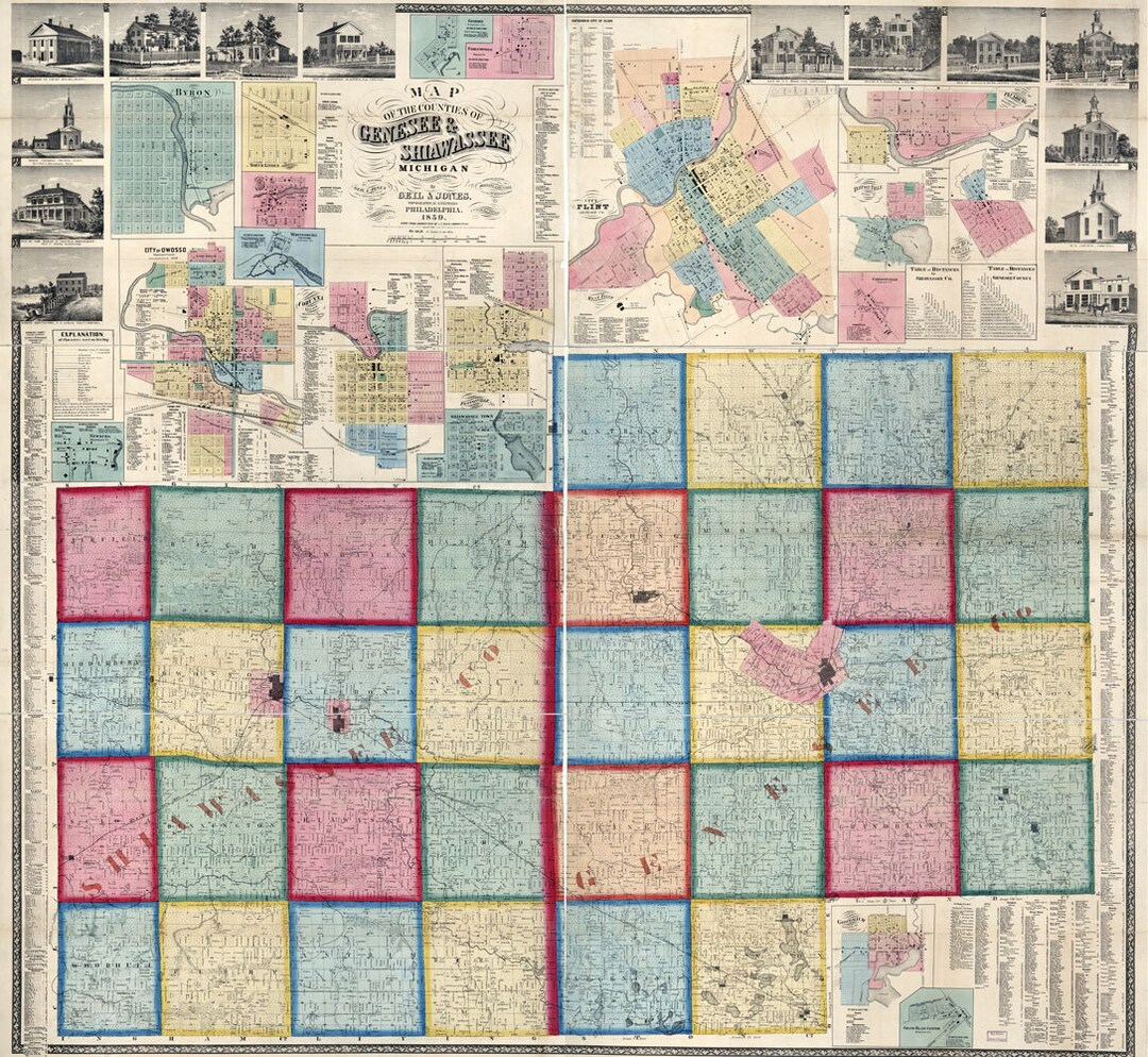 1859 Map of Genesee and Shiawassee County Michigan City of Owosso Flint ...