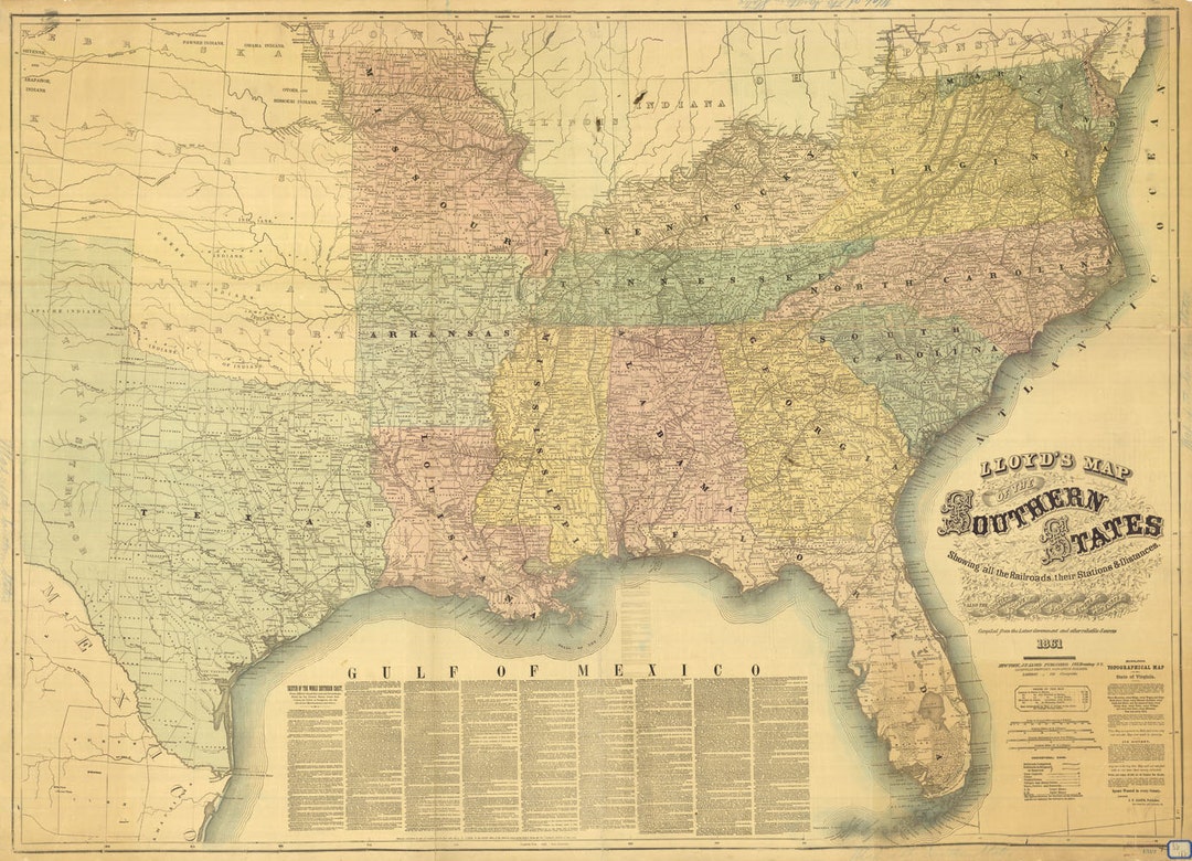 1861 Lloyds Map of the Southern States Showing Railroads Counties Towns ...
