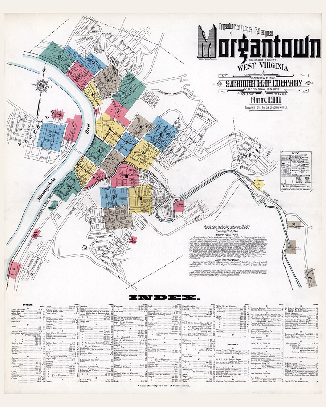 1911 Town Map of Morgantown West Virginia - Etsy