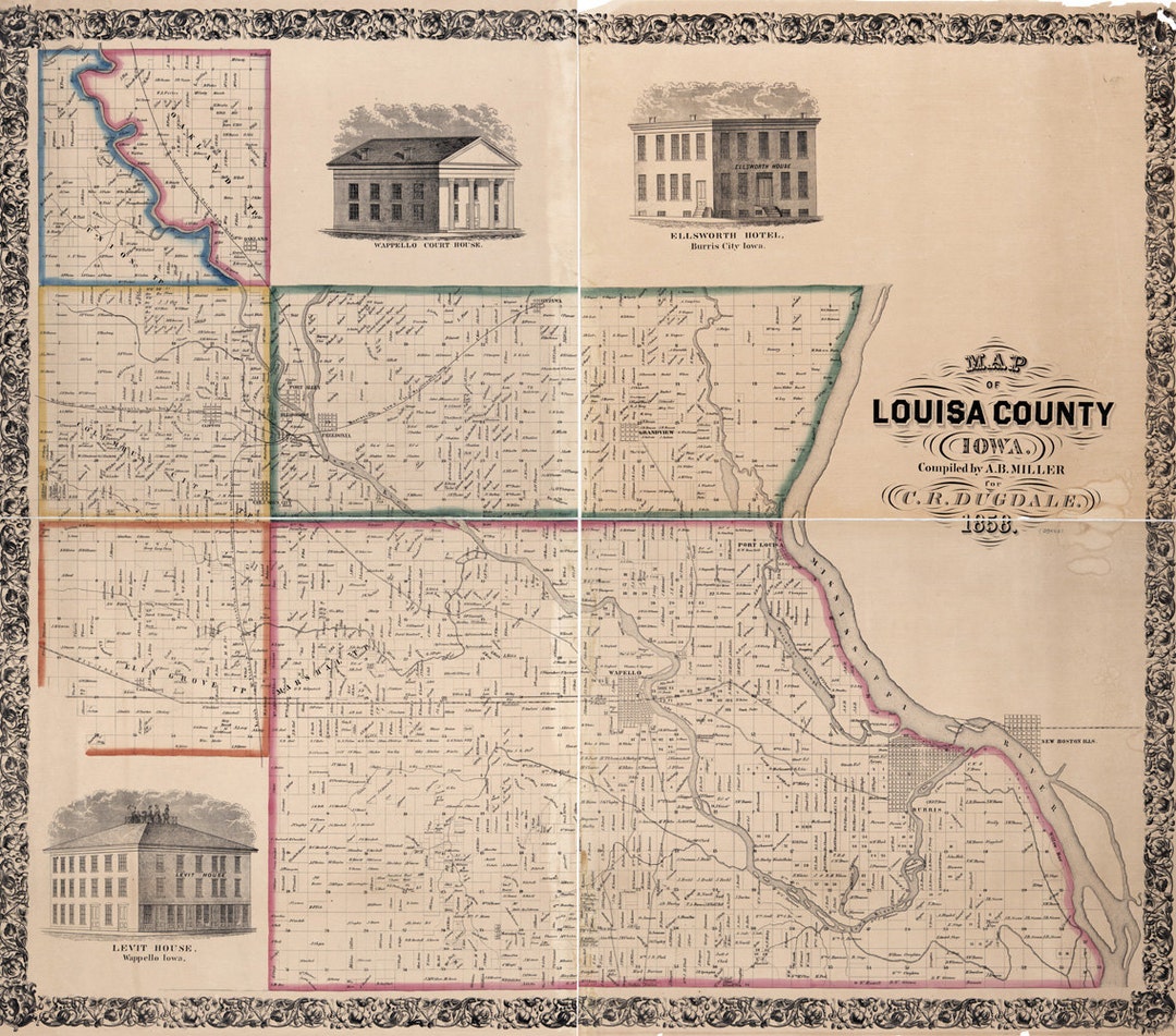 1858 Map of Louisa County Iowa Burris - Etsy