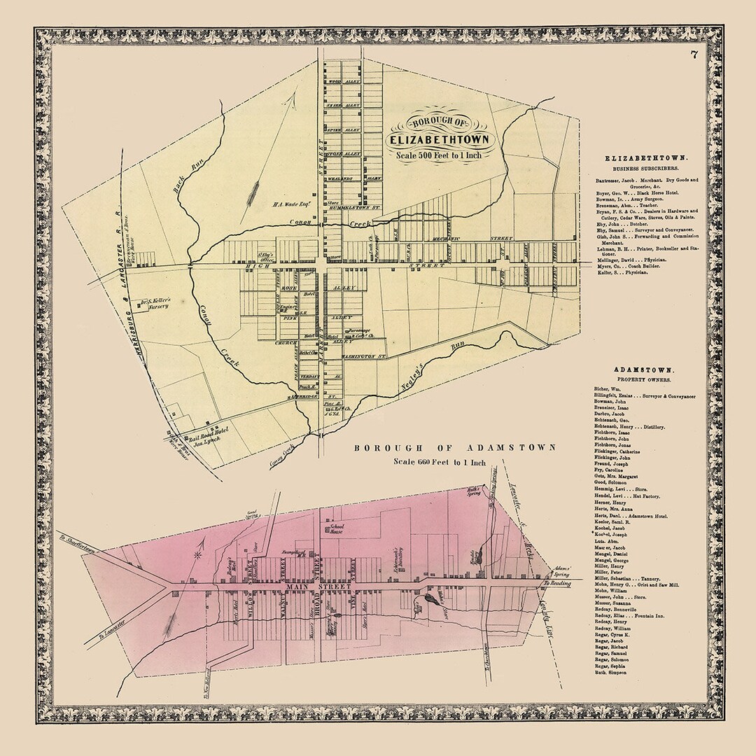 1864 Town Map of Elizabethtown Lancaster County Pennsylvania Adamstown ...