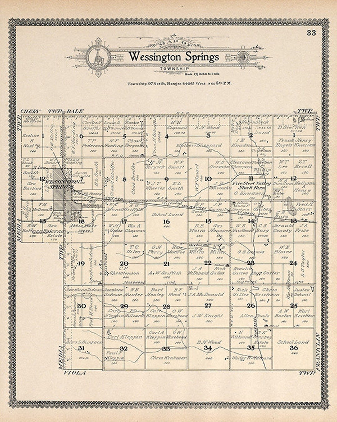 1909 Map of Wessington Springs Township Jerauld County South Dakota - Etsy