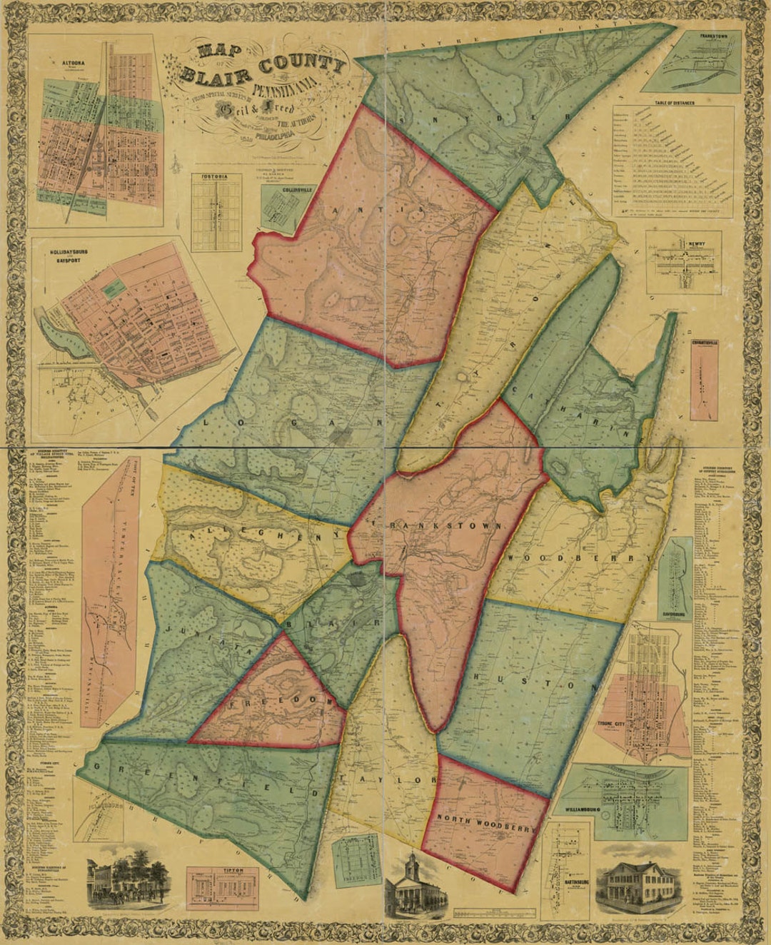 1859 Map of Blair County PA From Special Surveys Altoona Hollidaysburg Gaysport - Etsy