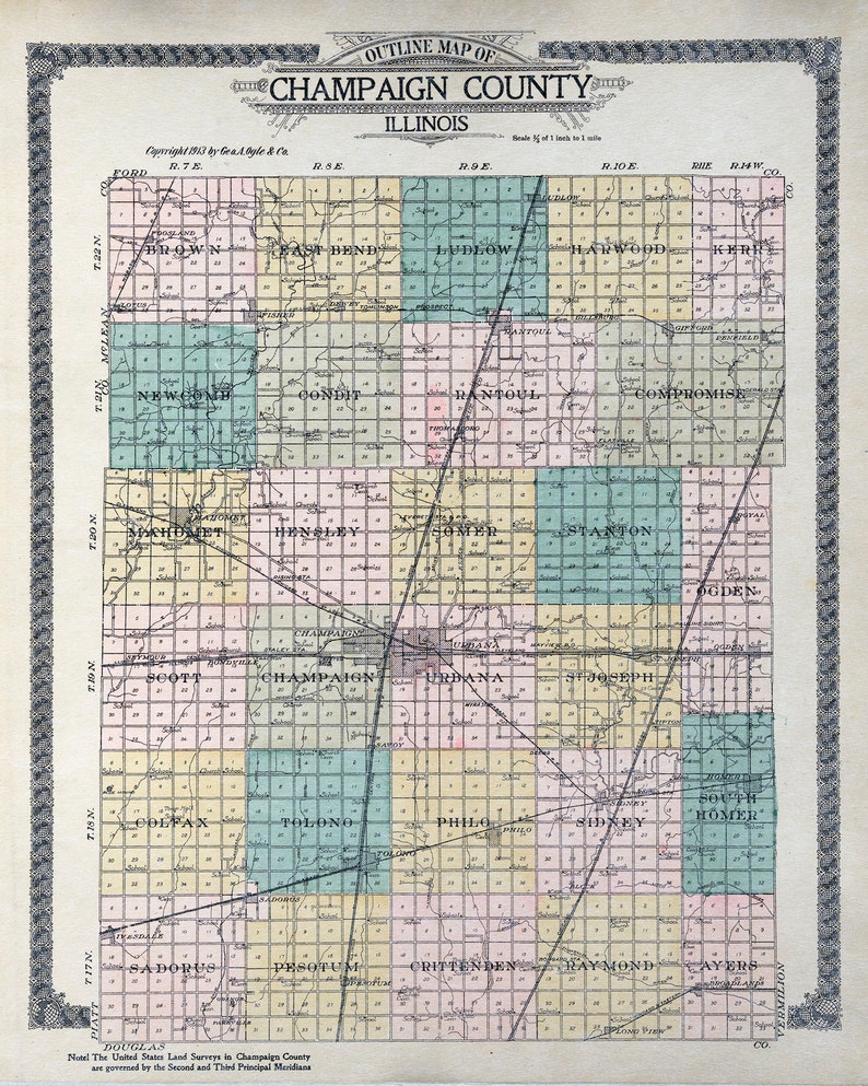 1913 Map of Champaign County Illinois - Etsy