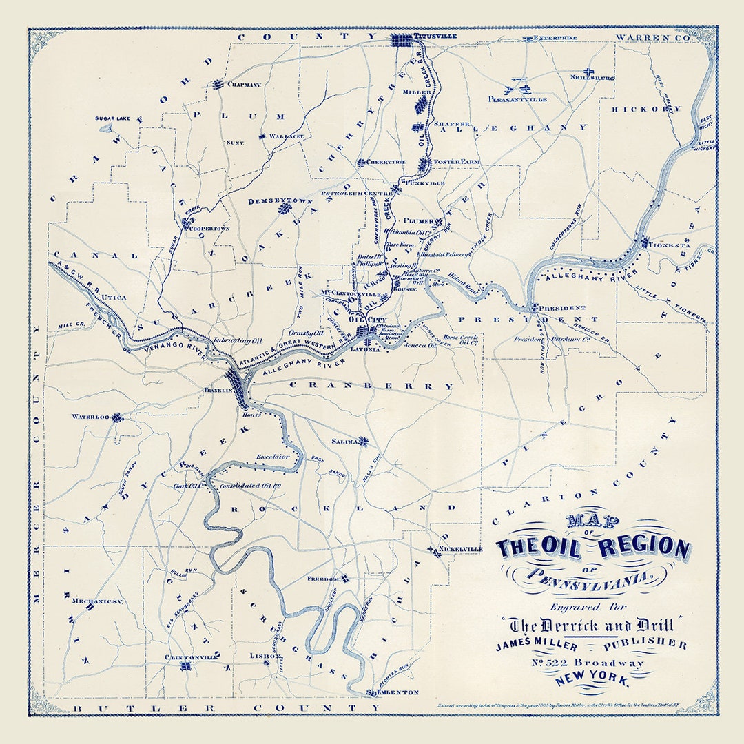 1865 Map of the Oil Region of Pennsylvania Derrick and Drill Oil Wells ...