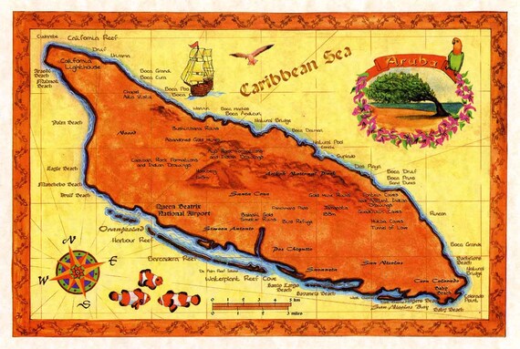 Cartoon Map of Aruba Caribbean Sea | Etsy Denmark
