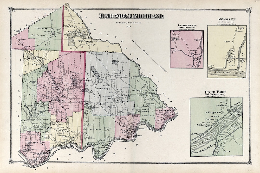 1875 Map of Highland and Lumberland Township Sullivan County New York ...