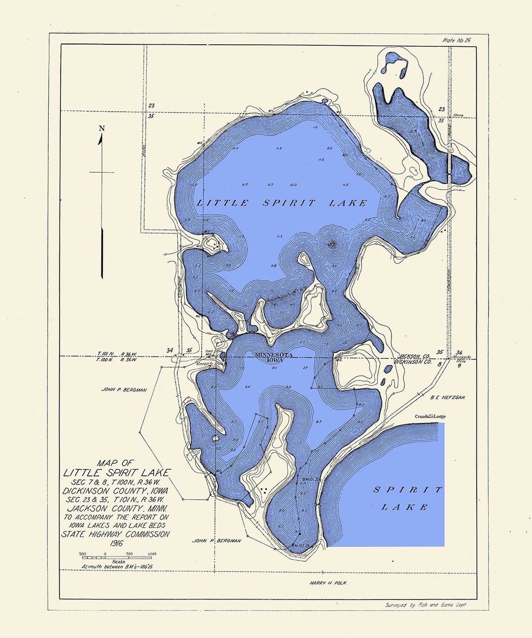 1916 Map of Little Spirit Lake Dickinson County Iowa & Jackson County ...