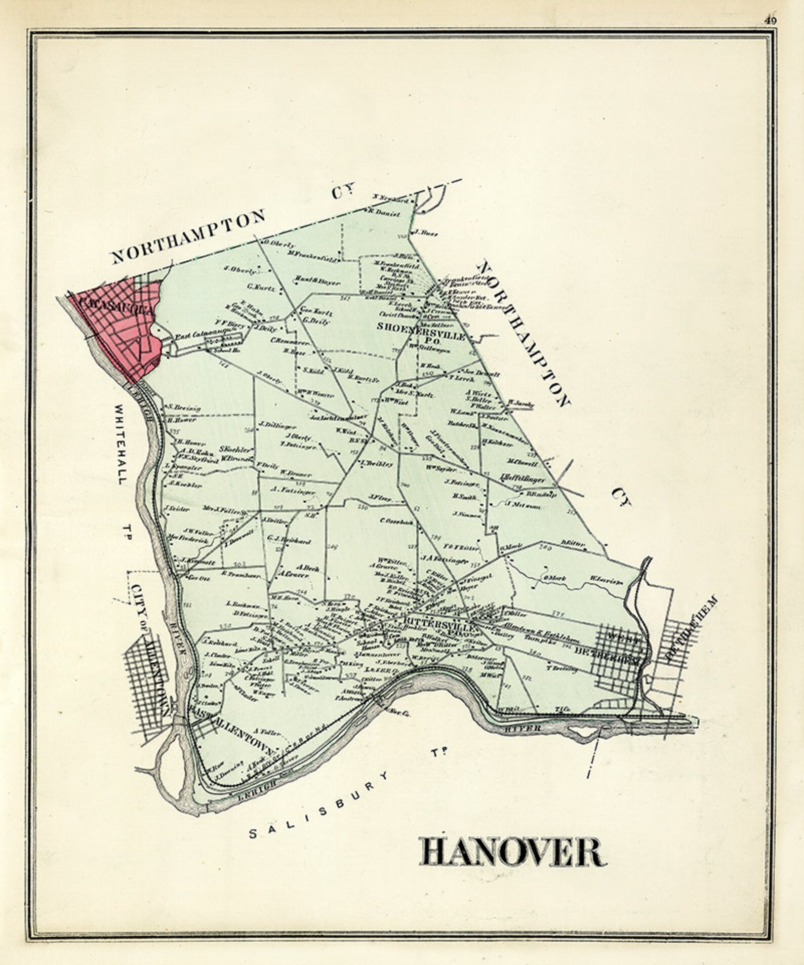1876 Map of Hanover Township Lehigh County Pennsylvania - Etsy