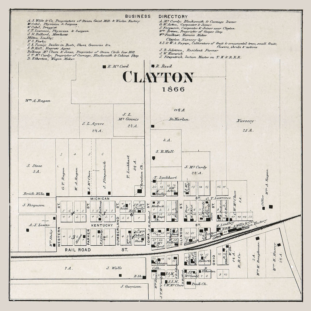 1866 Map of Clayton Hendricks County Indiana - Etsy