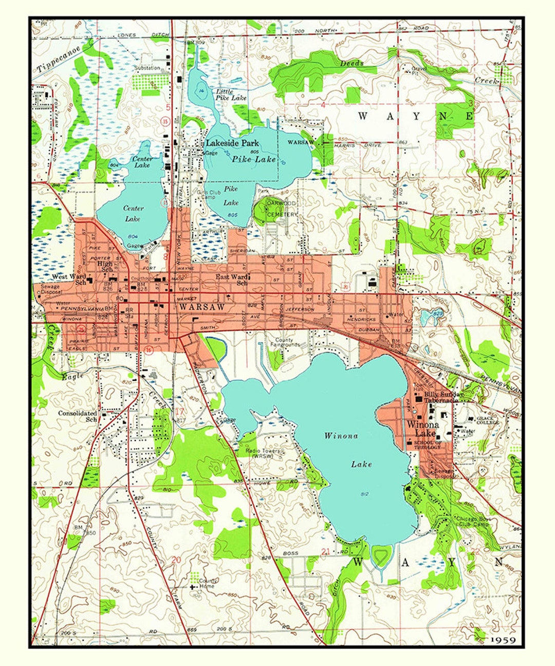 1959 Map of Warsaw Indiana Winona Lake - Etsy