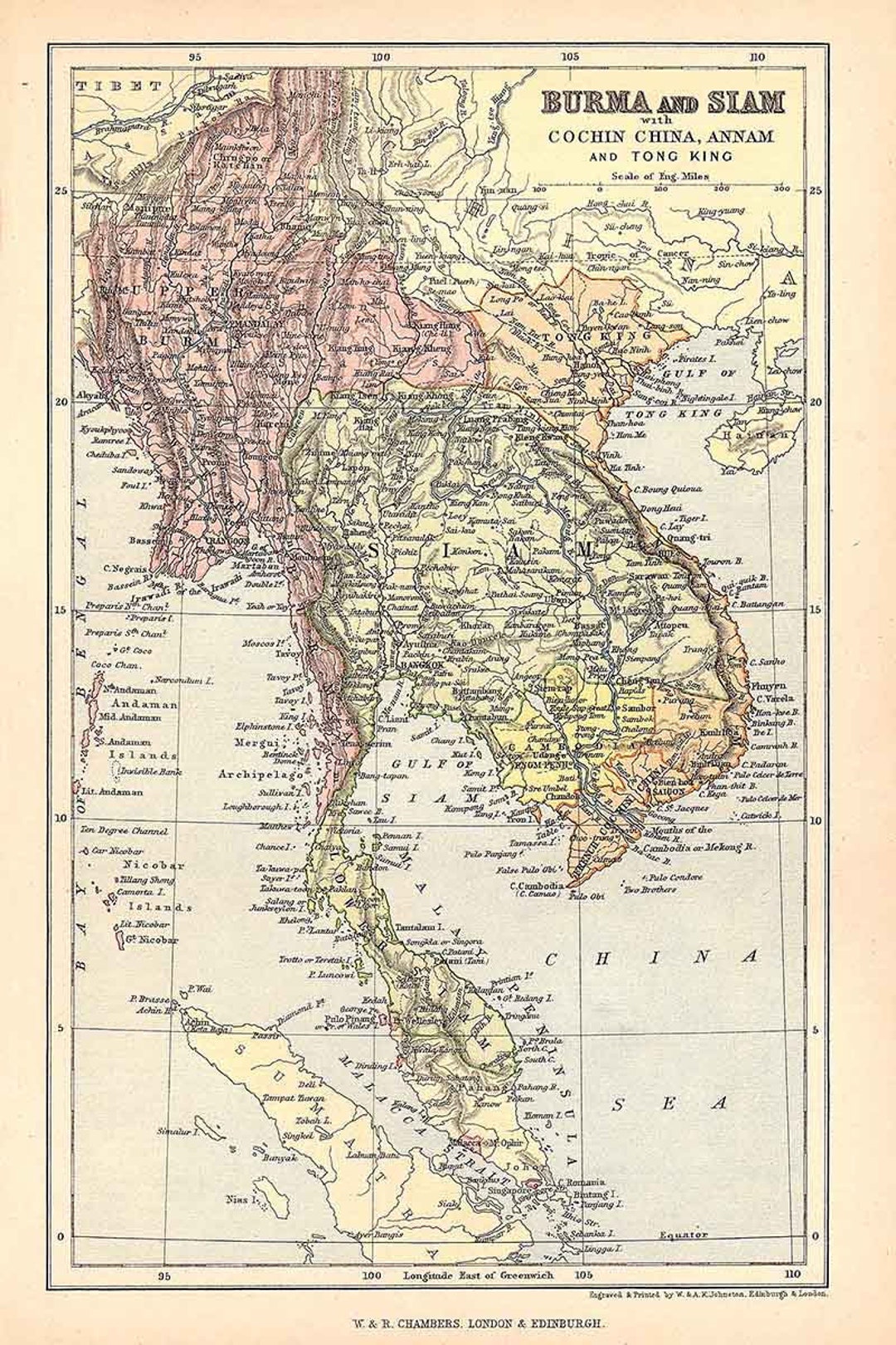 1888 Map of Burma and Siam Cochin China Annam Tony King - Etsy
