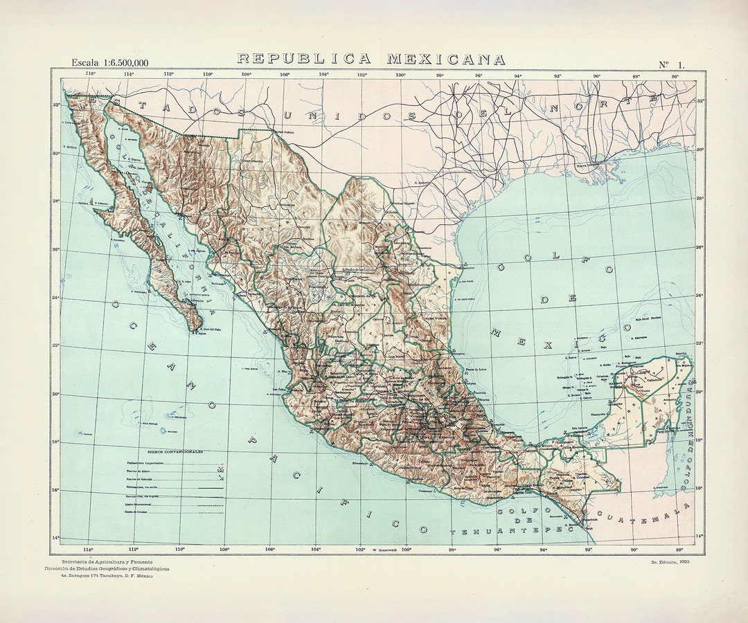 1922 Map of Mexico - Etsy