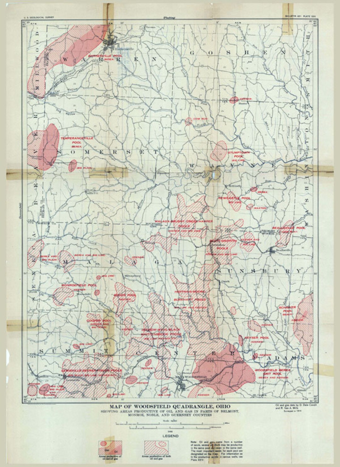 1914 Oil & Gas Field Map of Woodsfield Quadrangle Belmont Monroe Noble ...