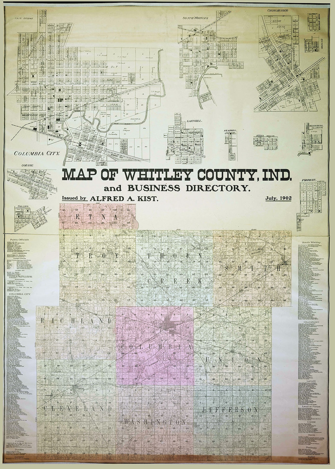 1902 Map of Whitley County Indiana - Etsy