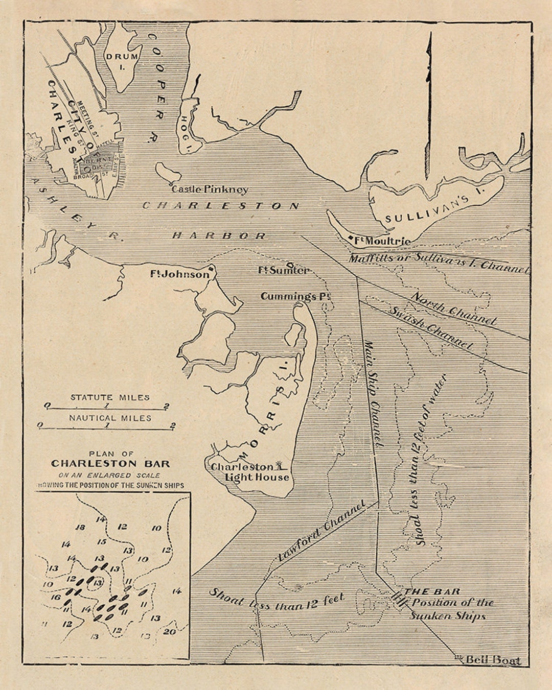 1884 Map of Charleston Harbor South Carolina - Etsy