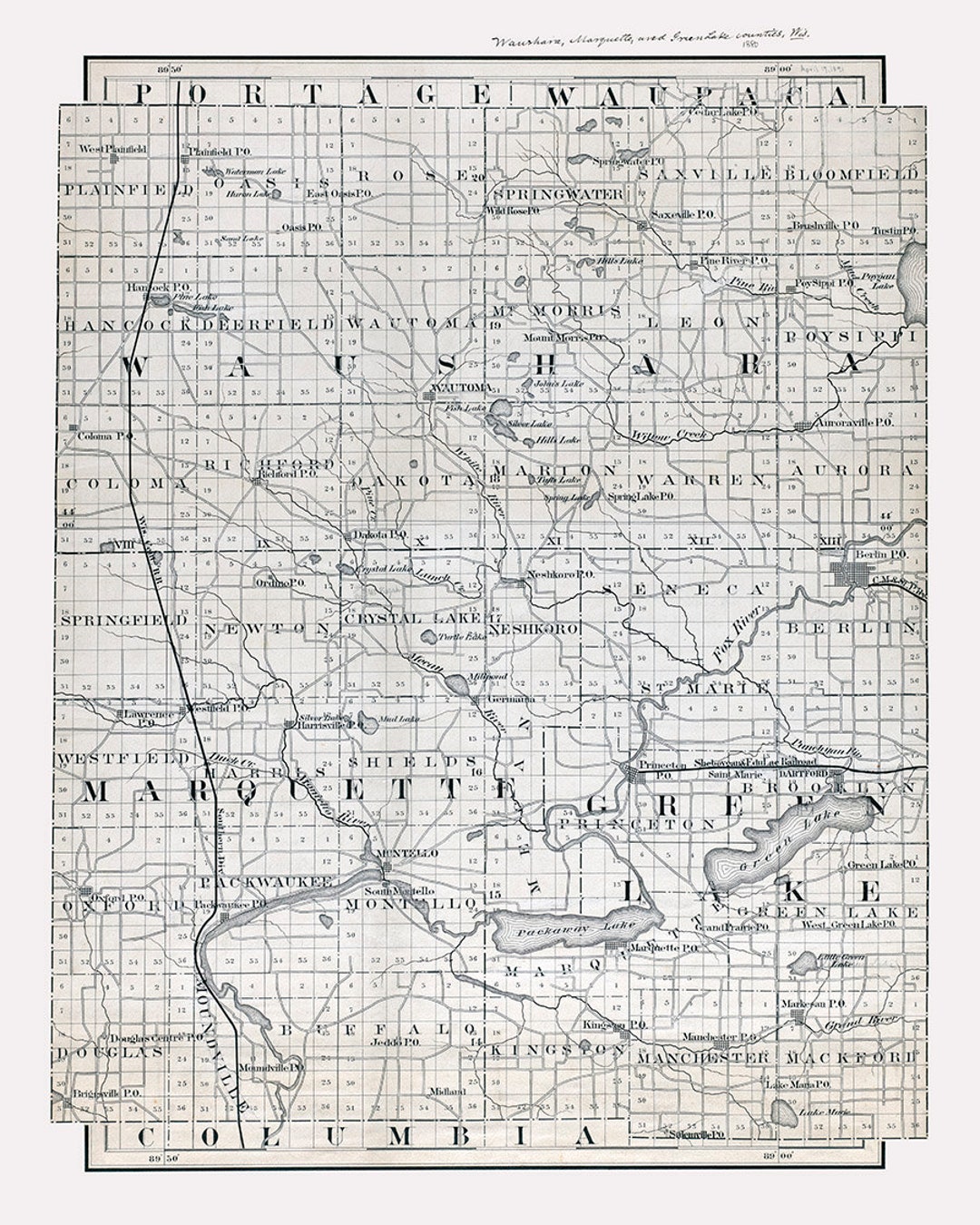 1880 Map of Waushara Marquette and Green Lake County Wisconsin - Etsy