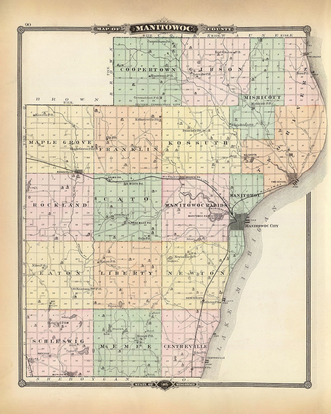 1878 Map of Manitowoc County Wisconsin - Etsy