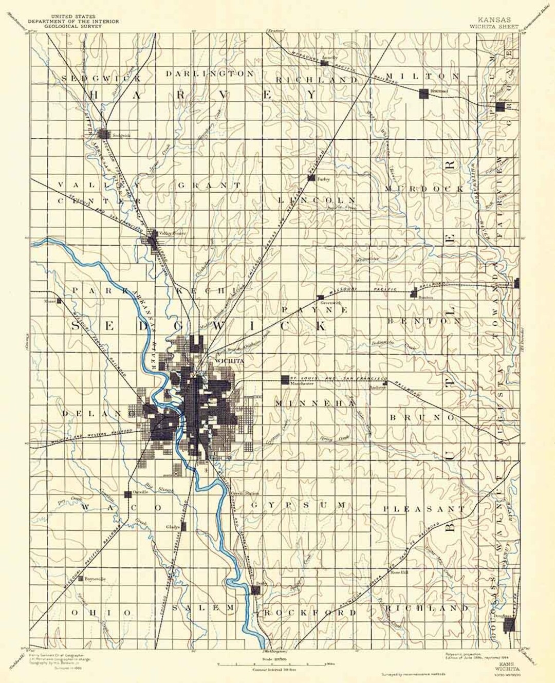 1894 Topo Map of Wichita Kansas Harvey Waco - Etsy