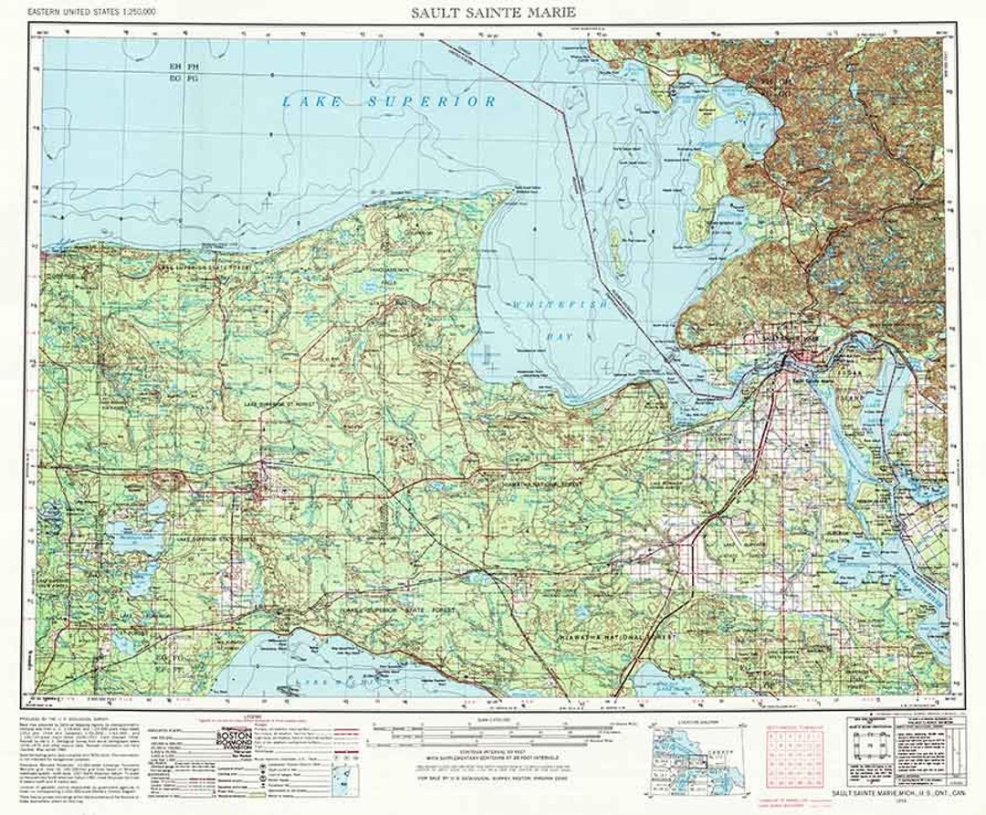 1954 Topo Map of Sault Sainte Marie Michigan Lake Superior & Whitefish ...