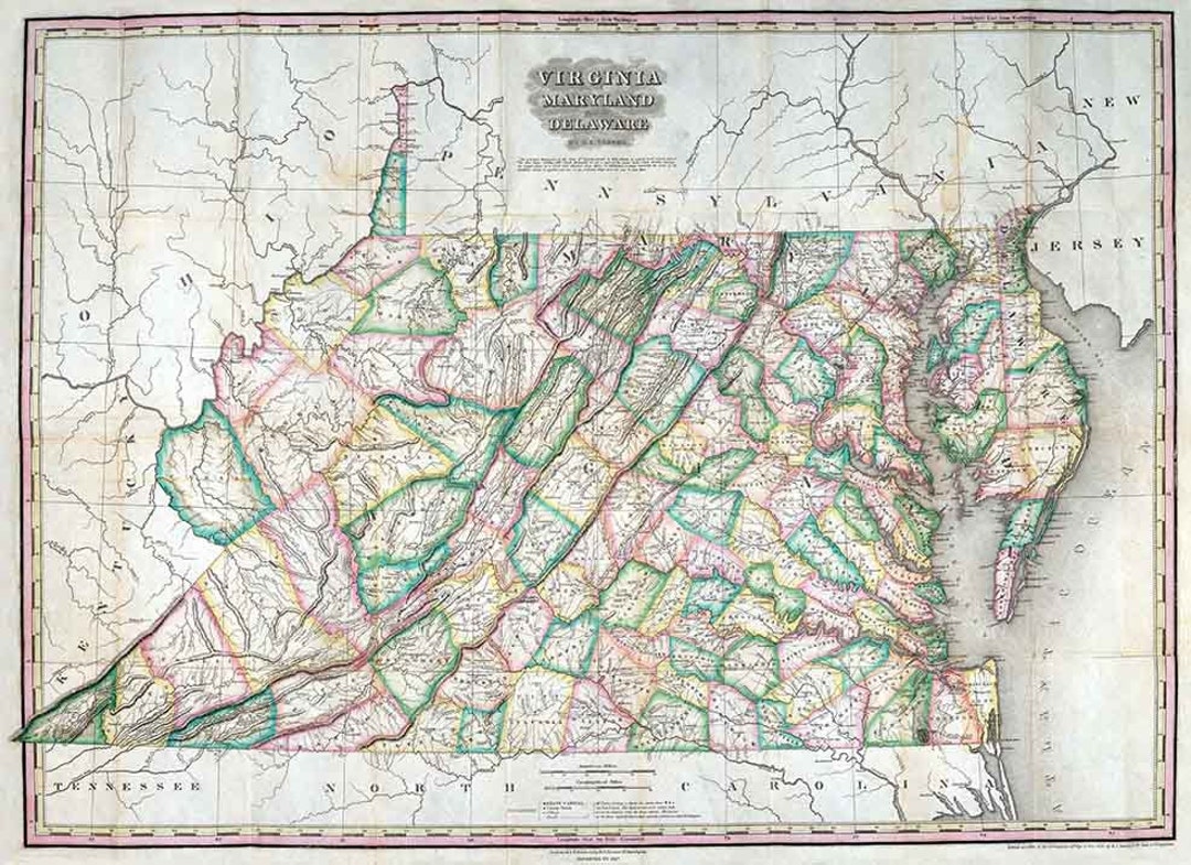 1827 Map of Virginia Maryland and Delaware - Etsy