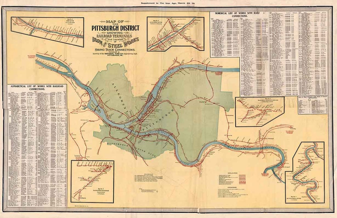 1906 Map of Pittsburgh Pennsylvania Railroad Terminals and Iron and ...