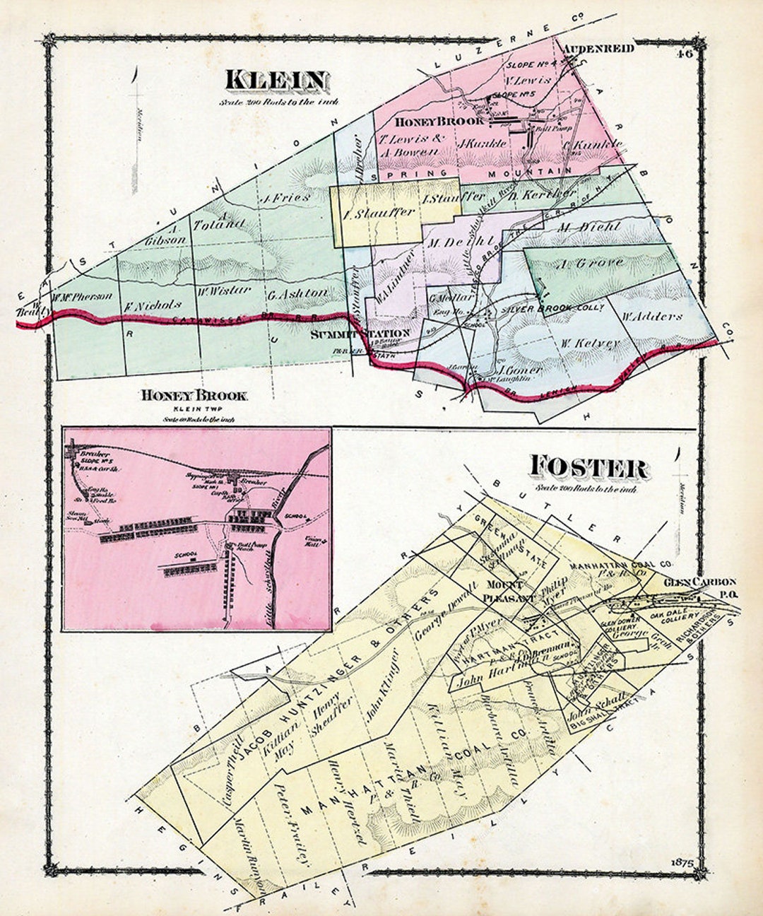 1875 Map of Klein Township and Foster Township Schuylkill County ...
