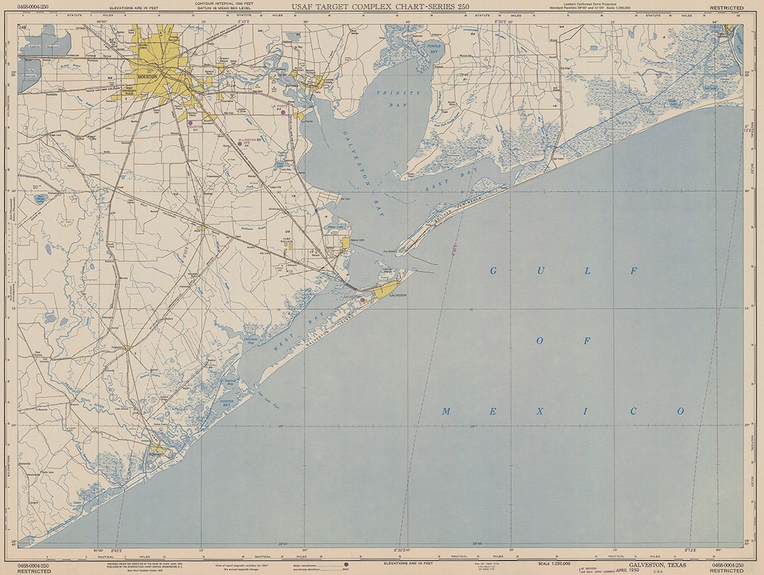 1950 Map of Galveston & Houston Texas - Etsy
