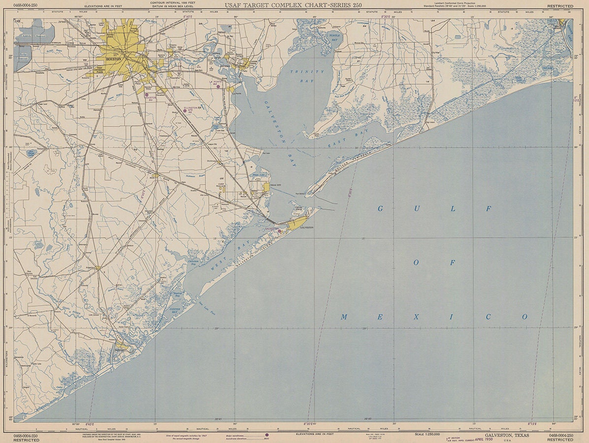 1950 Map of Galveston & Houston Texas - Etsy