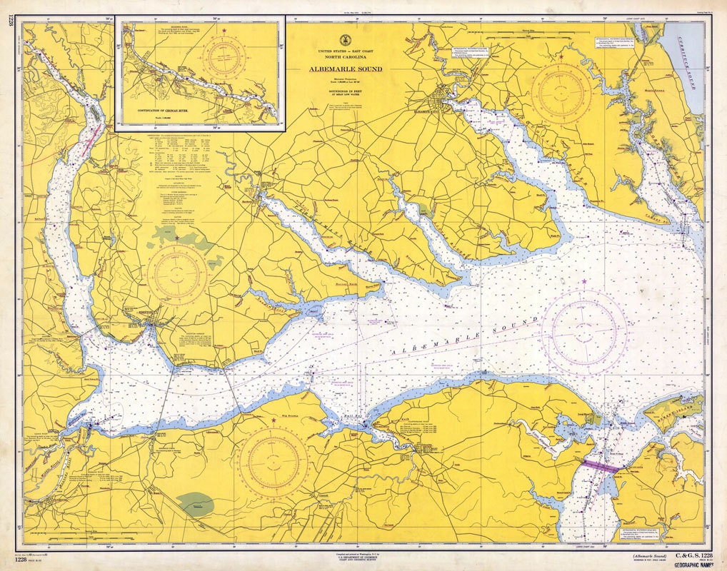 1961 Nautical Map of Albemarle Sound Cape Hatteras NC - Etsy