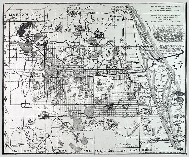 1920 Map of Orange County Florida Orlando | Etsy