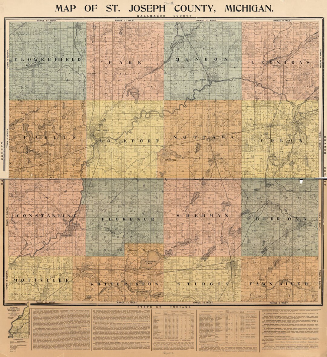 1897 Farm Line Map of Saint Joseph County Michigan Constantine Three ...