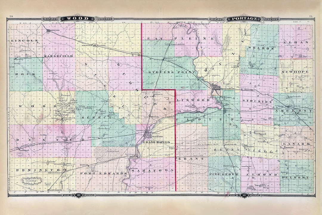 1878 Map of Wood and Portage County Wisconsin - Etsy