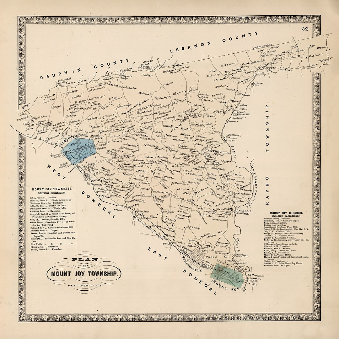 1864 Map of Mount Joy Township Lancaster County Pennsylvania - Etsy