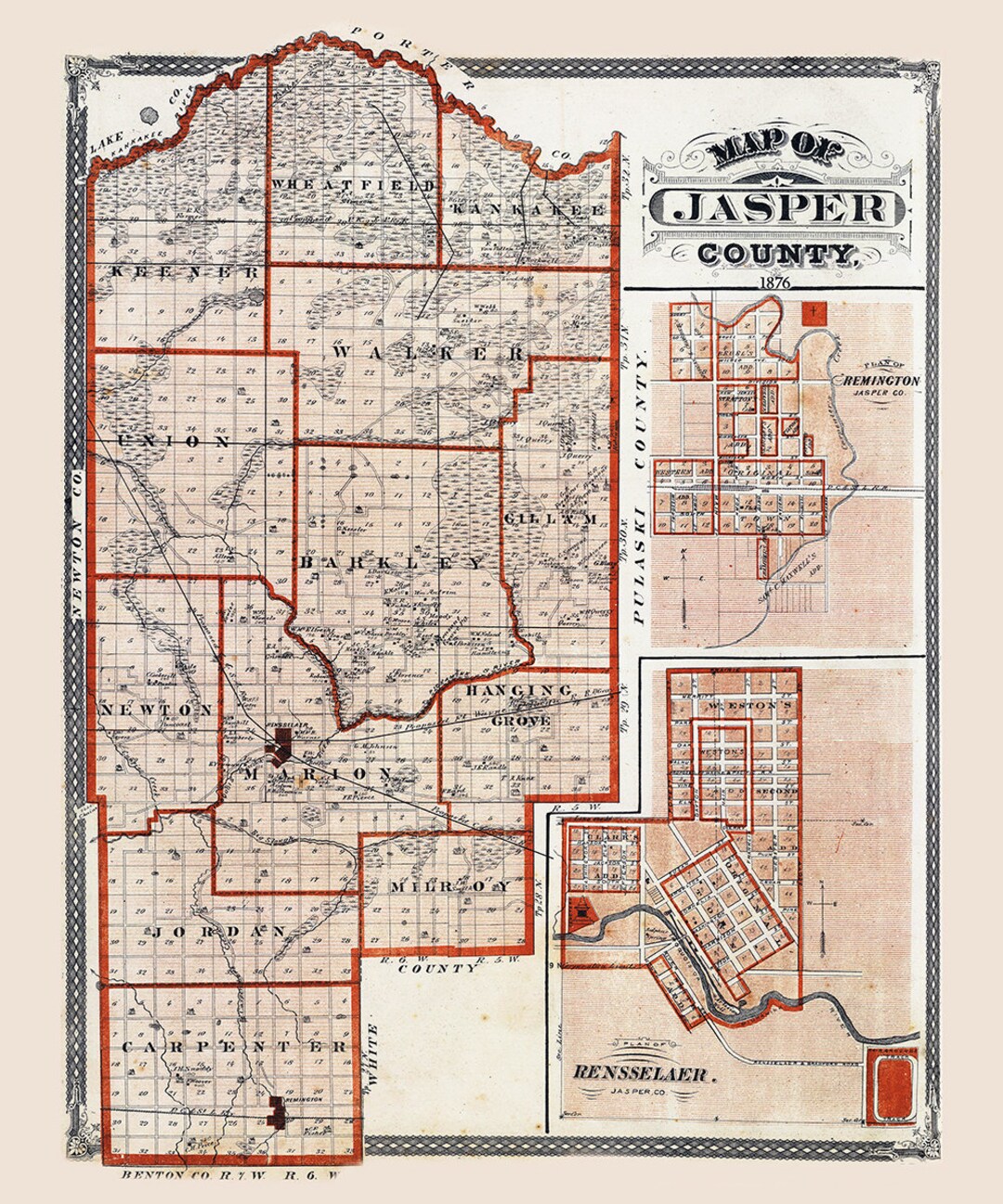 1876 Map of Jasper County Indiana - Etsy