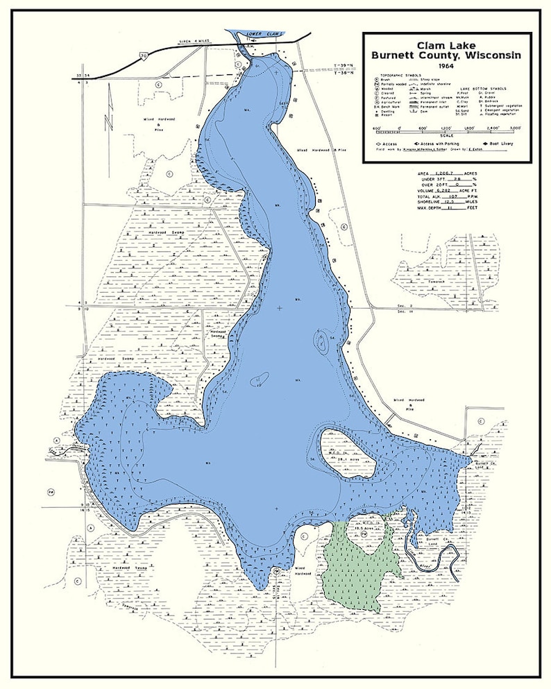 1964 Map of Clam Lake Burnett County Wisconsin - Etsy