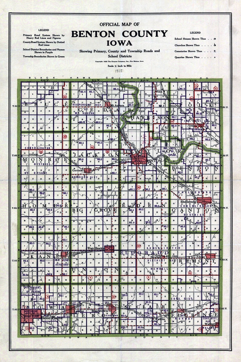 1925 Map of Benton County Iowa - Etsy