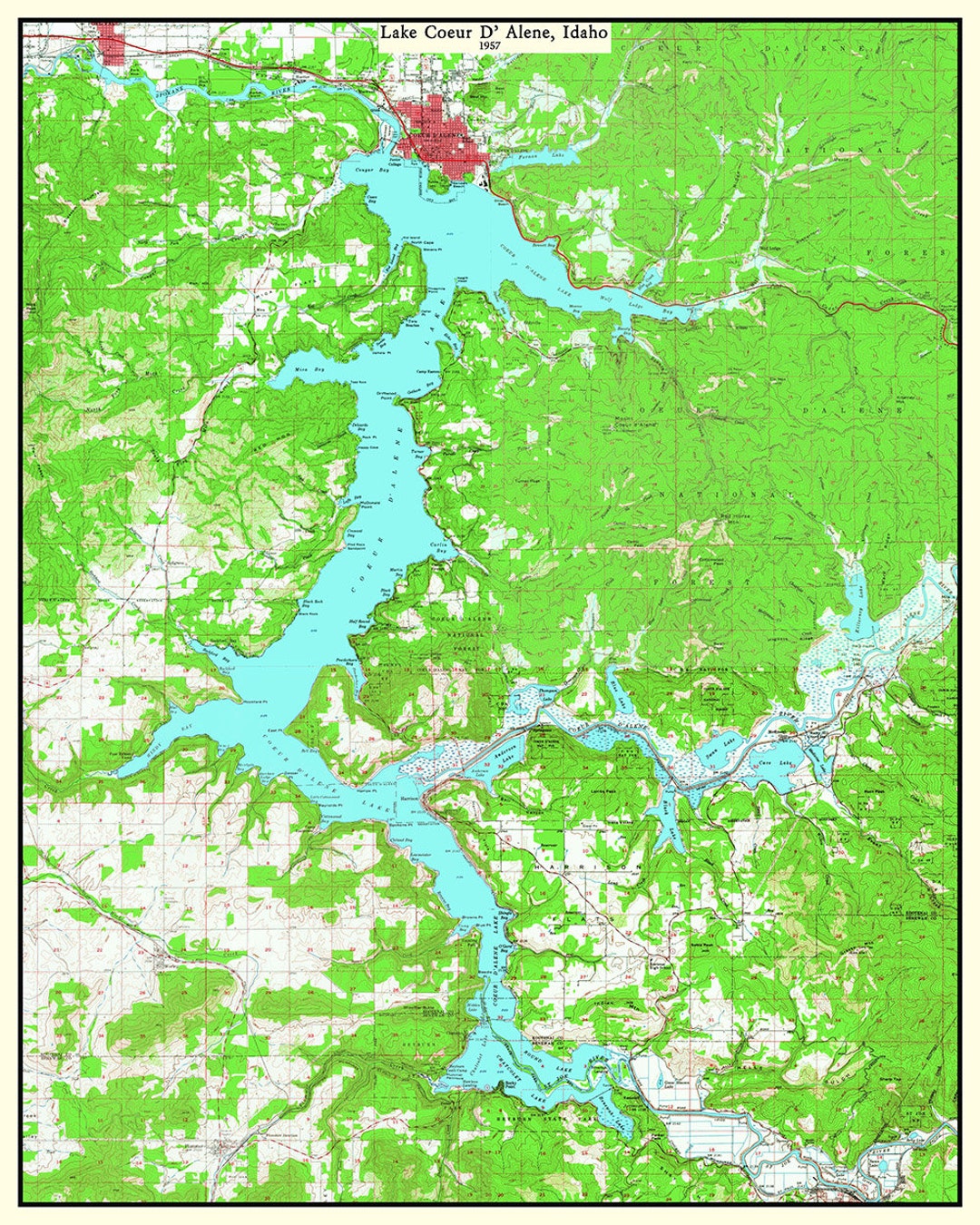 1957 Map of Lake Coeur D'alene Idaho - Etsy
