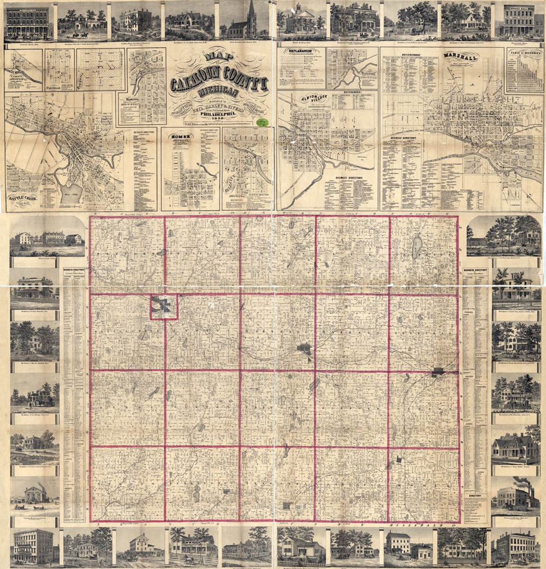 1858 Farm Line Map of Calhoun County Michigan Battle Creek Marshall - Etsy