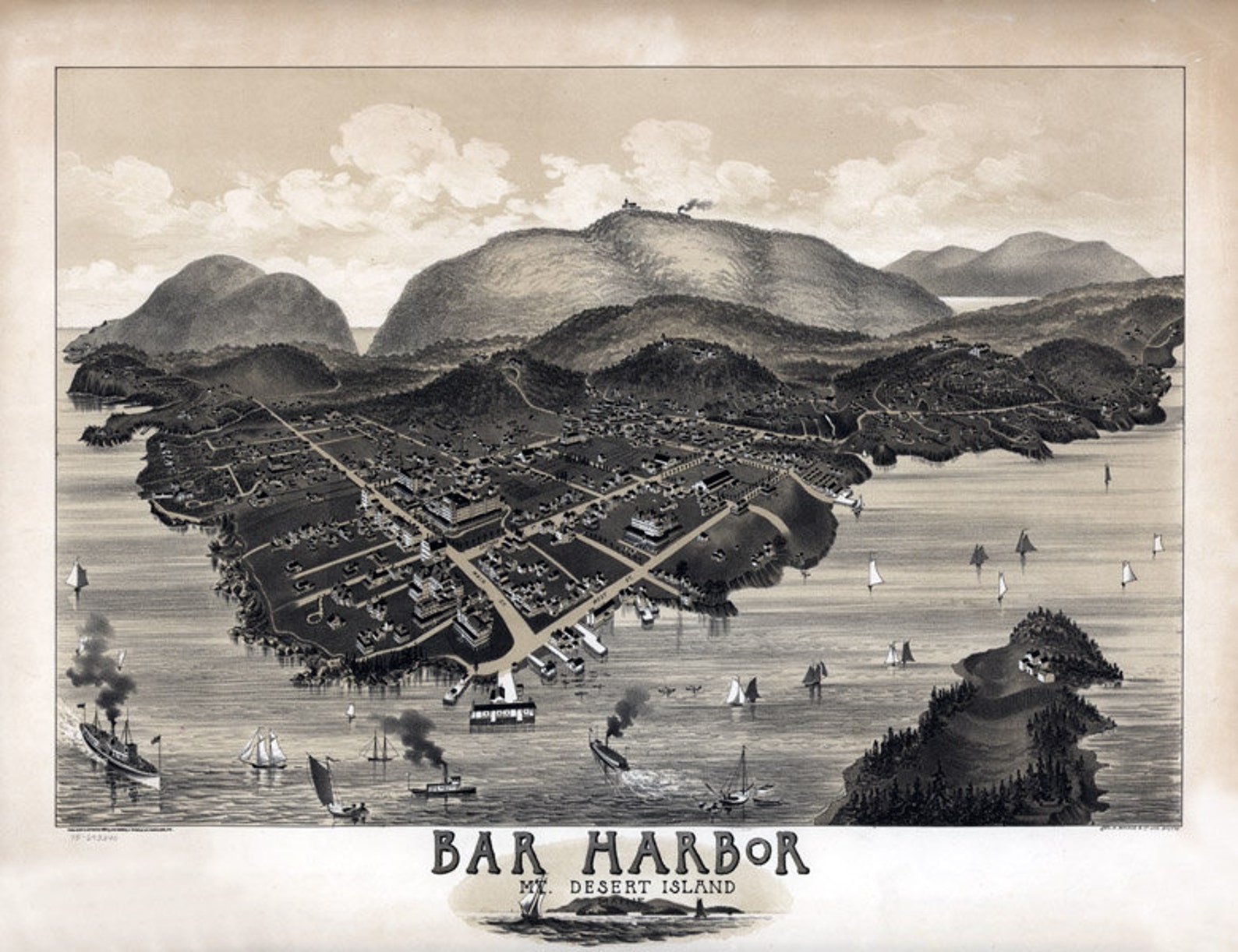1886 Aerial Map of Bar Harbor Mount Desert Island Maine - Etsy