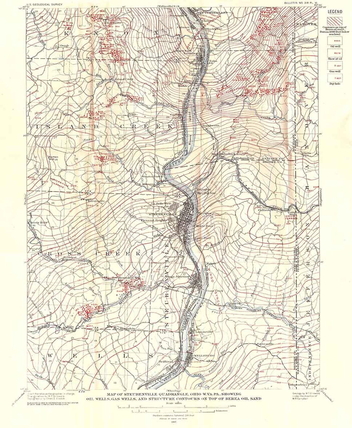 1907 Oil & Gas Well Map of Steubenville Pennsylvania Ohio West - Etsy