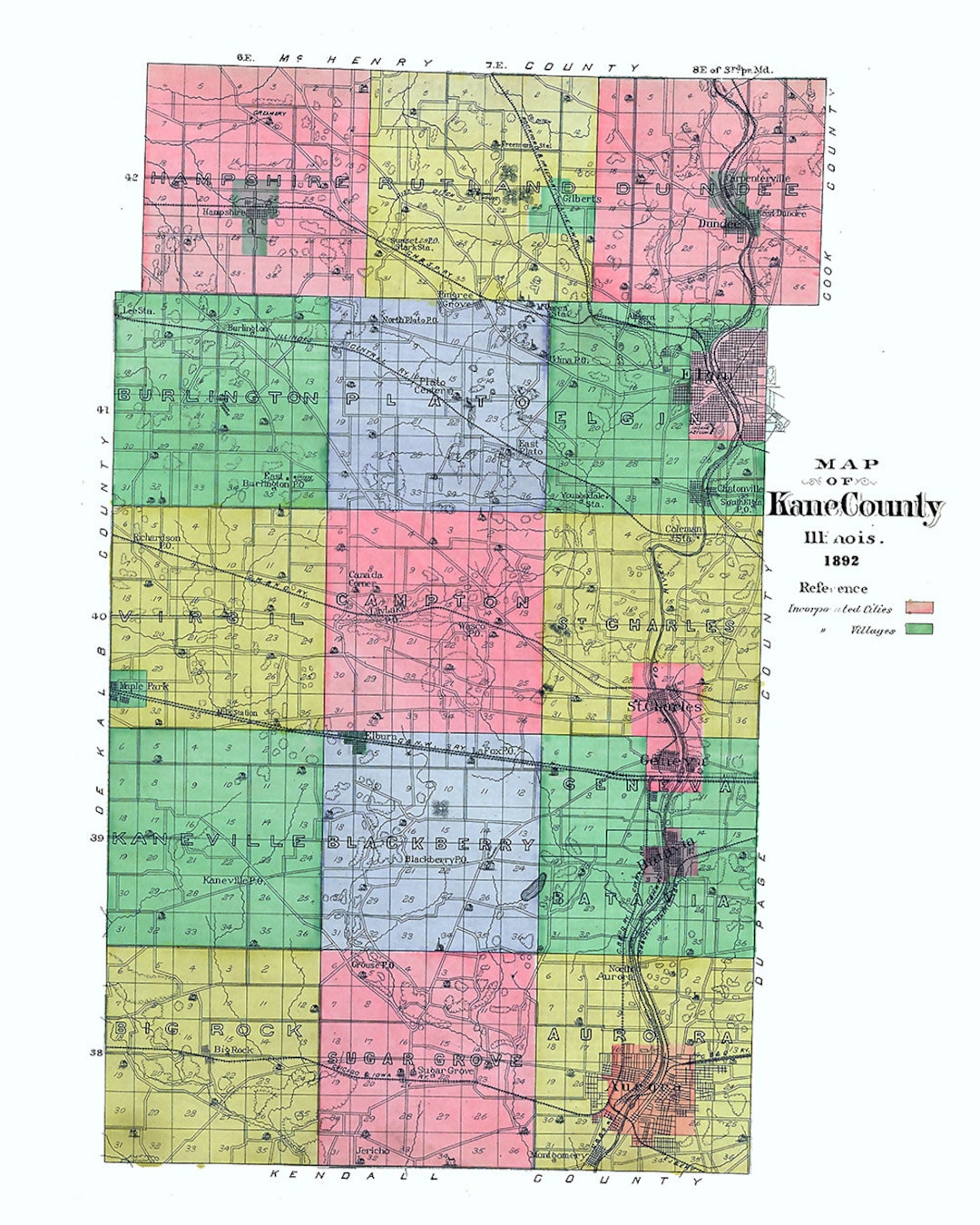 1892 Map of Kane County Illinois - Etsy