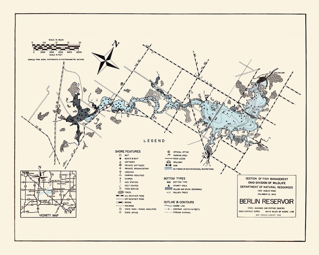 1959 Map of Berlin Lake Reservoir Stark Mahoning and Portage County ...