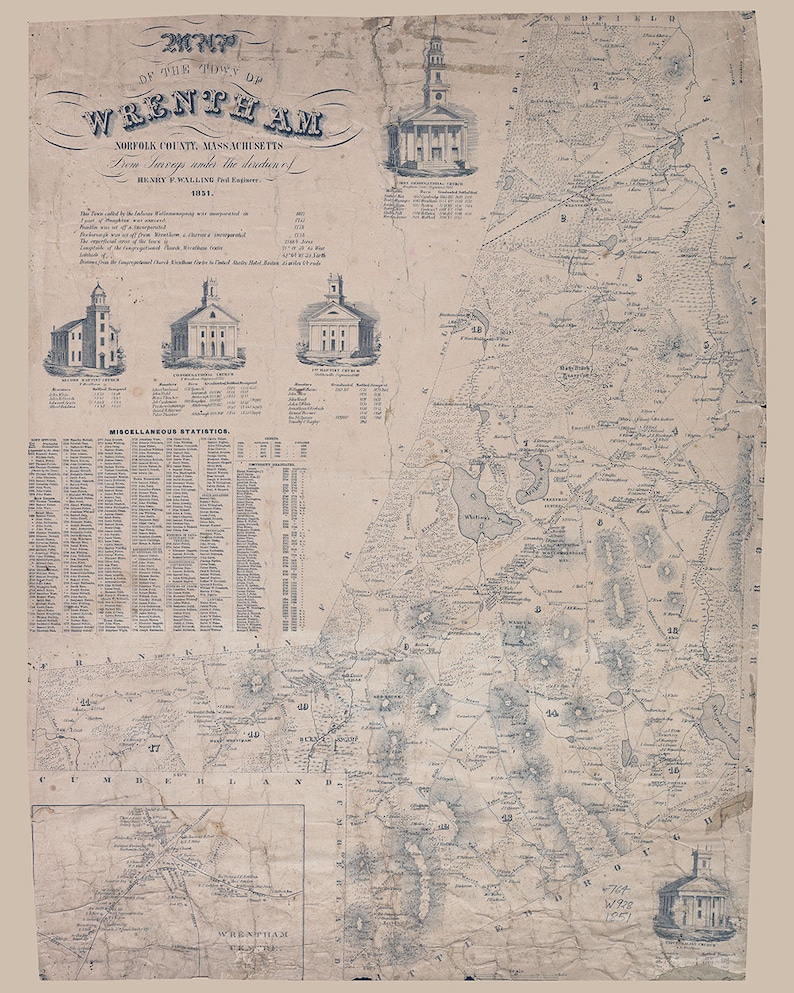 1851 Town Map of Wrentham Norfolk County Massachusetts - Etsy Australia