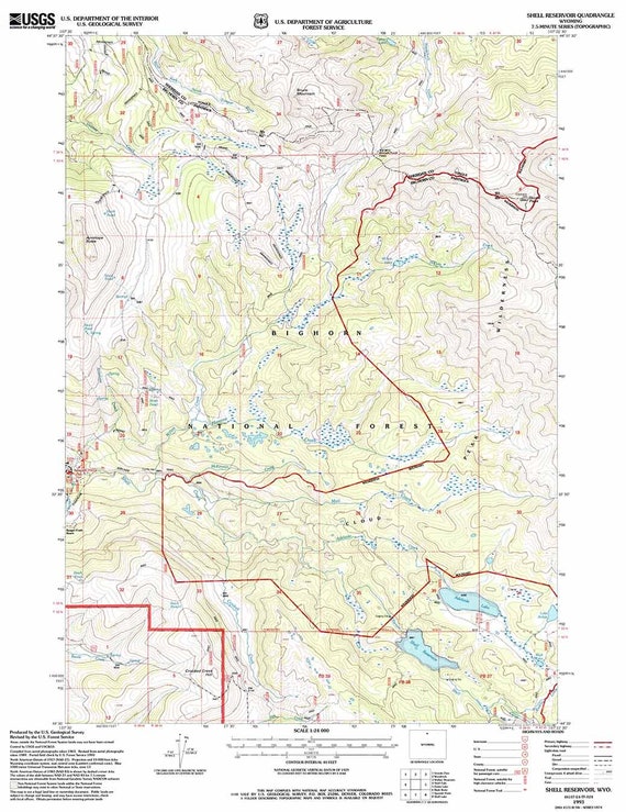 1993 Topo Map of Shell Reservoir Wyoming WY Bighorn Forest | Etsy