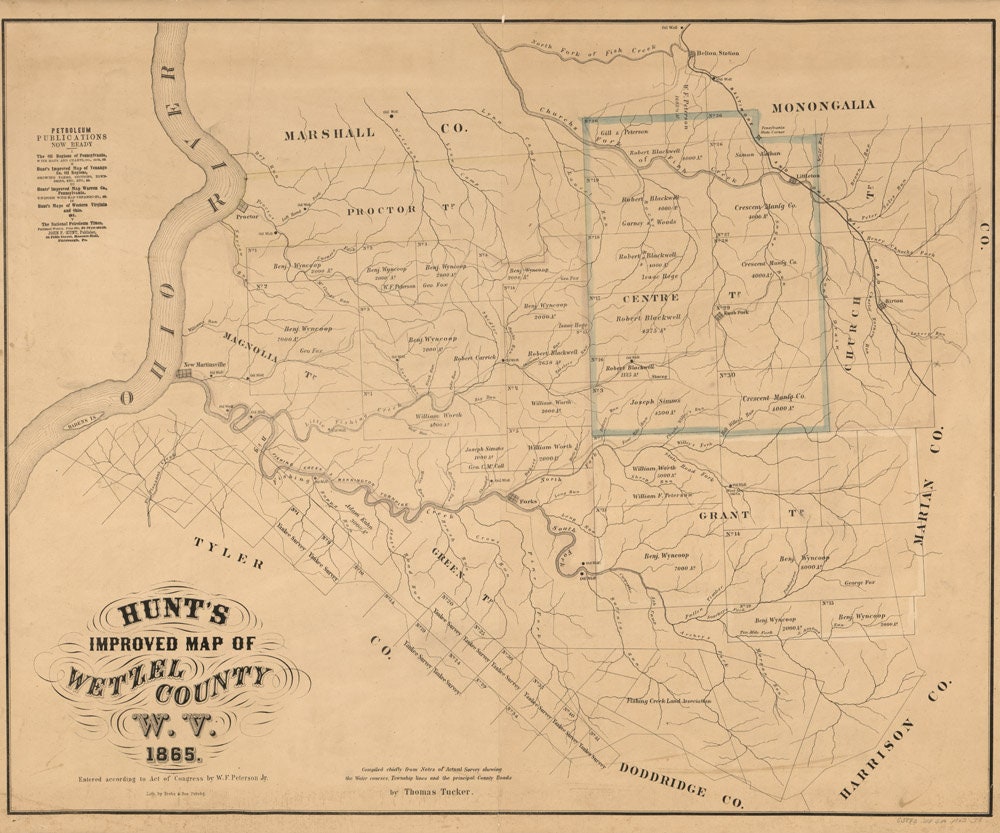 1865 Farm Line Map of Wetzel County WV Showing Oil Wells Property Names ...